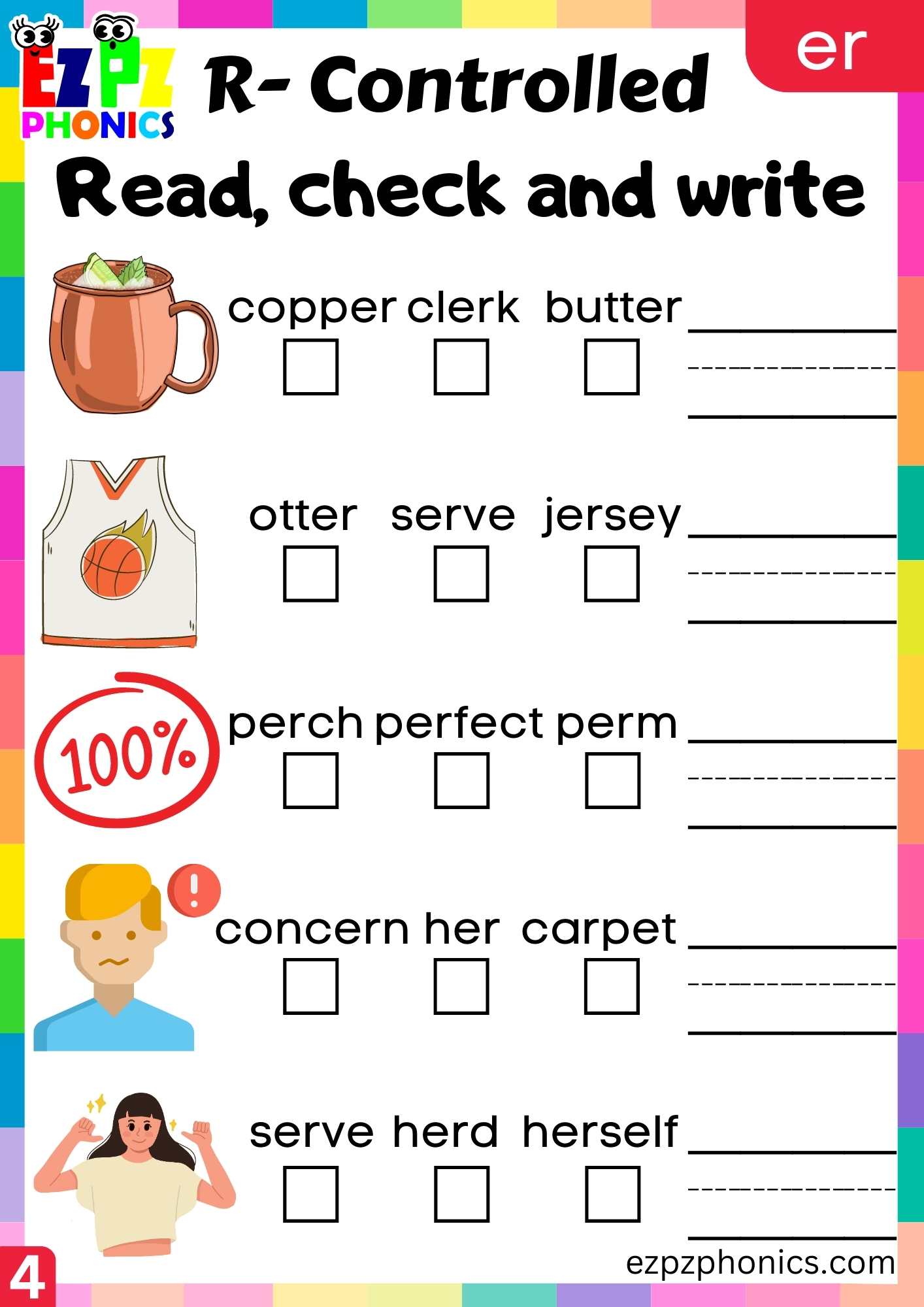 Read check and write activity for two syllable er words R controlled vowels phonics group 4 ...